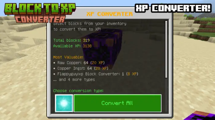 Block To XP Converter Add-on for Minecraft